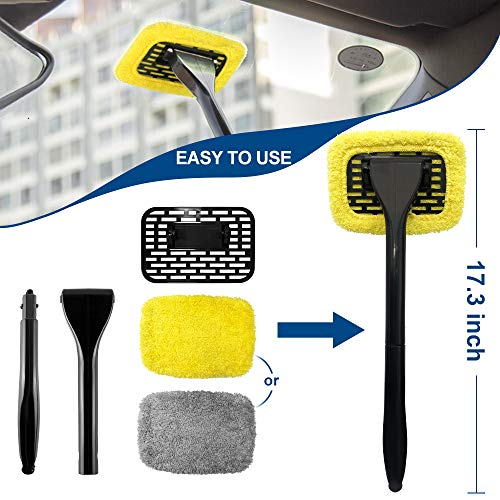 Car Window Cleaner - Windshield Cleaner, Auto Window Cleaner, Windshield Cleaning Tool Set, Window Cleanser with Detachable Handle Pivoting Head Microfiber Cloths and Spray Bottle for Auto Windshield Wiper