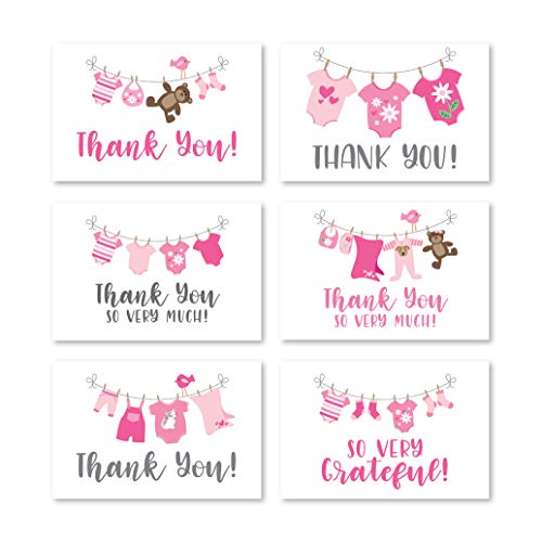 24 Pink Clothesline Baby Shower Thank You Cards With Envelopes, Girl Sprinkle Thank-You Note, 4x6 Gratitude Card Gift For Guest Pack, Gender Reveal DIY So Grateful Varied Onesie Event Stationery