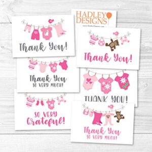 24 Pink Clothesline Baby Shower Thank You Cards With Envelopes, Girl Sprinkle Thank-You Note, 4x6 Gratitude Card Gift For Guest Pack, Gender Reveal DIY So Grateful Varied Onesie Event Stationery