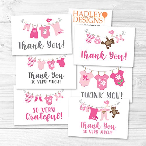 24 Pink Clothesline Baby Shower Thank You Cards With Envelopes, Girl Sprinkle Thank-You Note, 4x6 Gratitude Card Gift For Guest Pack, Gender Reveal DIY So Grateful Varied Onesie Event Stationery