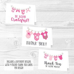 24 Pink Clothesline Baby Shower Thank You Cards With Envelopes, Girl Sprinkle Thank-You Note, 4x6 Gratitude Card Gift For Guest Pack, Gender Reveal DIY So Grateful Varied Onesie Event Stationery