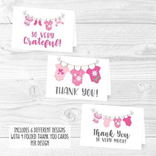 24 Pink Clothesline Baby Shower Thank You Cards With Envelopes, Girl Sprinkle Thank-You Note, 4x6 Gratitude Card Gift For Guest Pack, Gender Reveal DIY So Grateful Varied Onesie Event Stationery