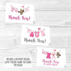 24 Pink Clothesline Baby Shower Thank You Cards With Envelopes, Girl Sprinkle Thank-You Note, 4x6 Gratitude Card Gift For Guest Pack, Gender Reveal DIY So Grateful Varied Onesie Event Stationery