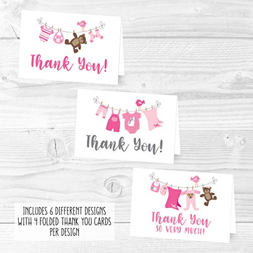 24 Pink Clothesline Baby Shower Thank You Cards With Envelopes, Girl Sprinkle Thank-You Note, 4x6 Gratitude Card Gift For Guest Pack, Gender Reveal DIY So Grateful Varied Onesie Event Stationery