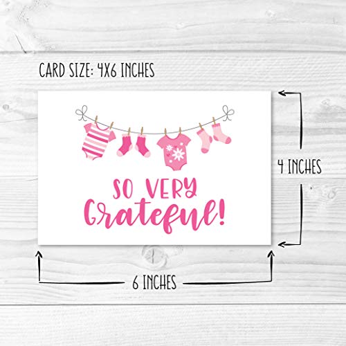 24 Pink Clothesline Baby Shower Thank You Cards With Envelopes, Girl Sprinkle Thank-You Note, 4x6 Gratitude Card Gift For Guest Pack, Gender Reveal DIY So Grateful Varied Onesie Event Stationery