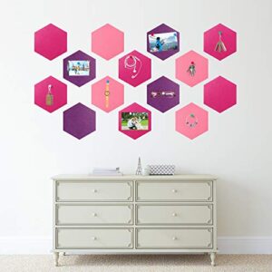 21 Pieces Pin Board Hexagon Felt Board Tiles Bulletin Board Memo Board Notice Board with 40 Pieces Push Pins for Home Office Classroom Wall Decor 5.9 x 7 Inches/ 15 x 17.7 cm (Rose Red, Purple, Pink)