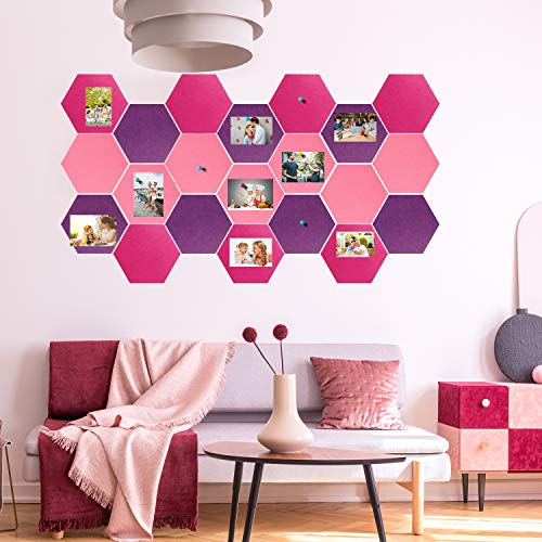 21 Pieces Pin Board Hexagon Felt Board Tiles Bulletin Board Memo Board Notice Board with 40 Pieces Push Pins for Home Office Classroom Wall Decor 5.9 x 7 Inches/ 15 x 17.7 cm (Rose Red, Purple, Pink)