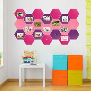 21 Pieces Pin Board Hexagon Felt Board Tiles Bulletin Board Memo Board Notice Board with 40 Pieces Push Pins for Home Office Classroom Wall Decor 5.9 x 7 Inches/ 15 x 17.7 cm (Rose Red, Purple, Pink)