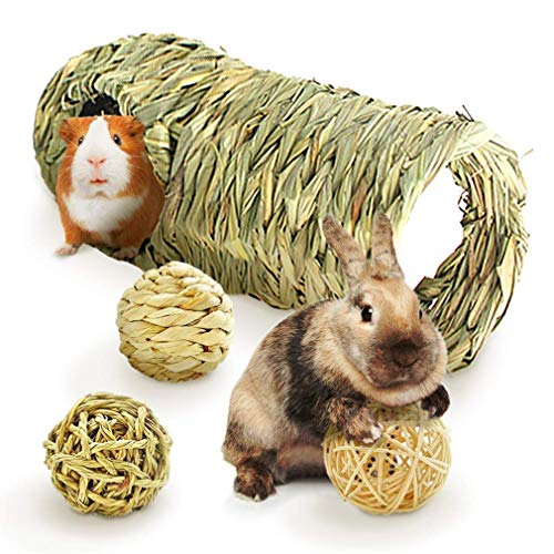 Meric Hideaway Seagrass Tunnel with Balls, 3 Fun Ball Textures, Perfect for Guinea Pig, Degu, and More, 3 Entrances Makes This Ideal for Multiple Pets, 2 Balls Have Soft Jingly Bells