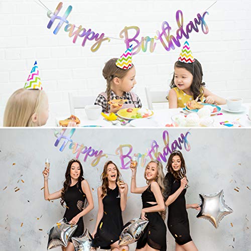 Tatuo Shiny Happy Birthday Banner Sign Iridescent Happy Birthday Banner Changeable Birthday Decoration Garland Bunting Banner, Iridescent Baby Shower Birthday Party Favor Supplies(Silver)