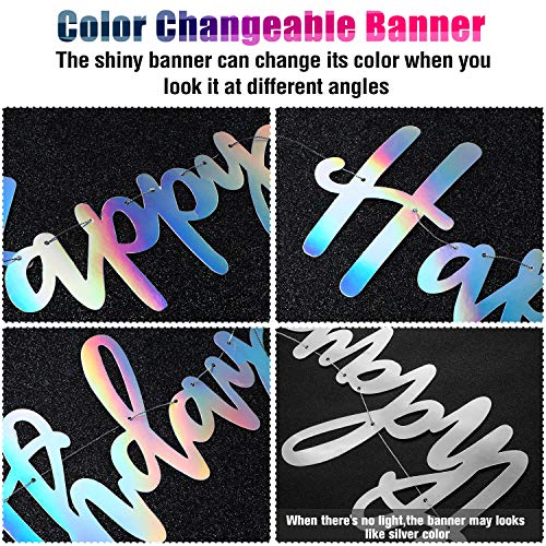 Tatuo Shiny Happy Birthday Banner Sign Iridescent Happy Birthday Banner Changeable Birthday Decoration Garland Bunting Banner, Iridescent Baby Shower Birthday Party Favor Supplies(Silver)