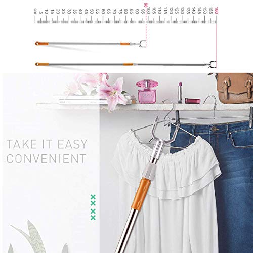 Seasonfall 63 Inch Long Reach Stick for Hanging Clothes Closet Poles for Reaching Clothes Extendable Reach Pole with Hook Retractable Adjustable Rod for Ceiling and Shelf