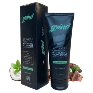 grind natural toothpaste, fluoride-free - dentist recommended hydroxyapatite, theobromine & activated charcoal for remineralizing, sensitive teeth, & whitening, made in usa, vegan (4 oz)