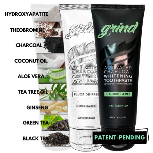 Grind Natural Toothpaste, Fluoride-Free - Dentist Recommended Hydroxyapatite, Theobromine & Activated Charcoal for Remineralizing, Sensitive Teeth, & Whitening, Made in USA, Vegan (4 oz)