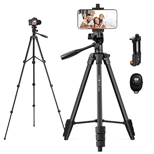 55" Phone Tripod, PHOPIK Aluminum Extendable Tripod Stand with Shutter, Carrying Bag, Compatible with iPhone/Android/Sport Camera Perfect for Video Recording/Selfies/Live Stream/Vlogging