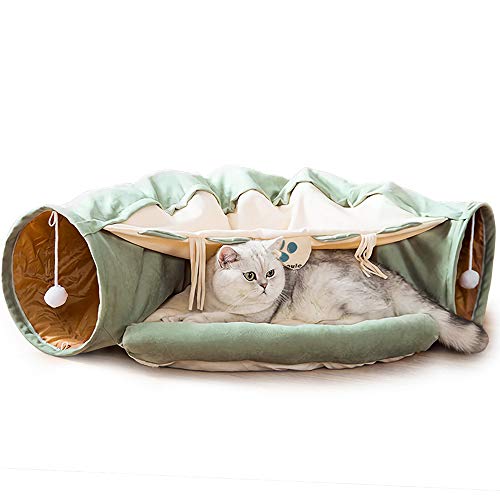 DREAMSOULE Cat Tunnel Bed, 2-in-1 Cat Play Tunnel and Mat for Pets Cats Dogs Rabbits Kittens for Home Foldable Soft Cat Tunnel Tubes Toys Pet Play Bed Indoor (green)