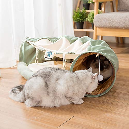 DREAMSOULE Cat Tunnel Bed, 2-in-1 Cat Play Tunnel and Mat for Pets Cats Dogs Rabbits Kittens for Home Foldable Soft Cat Tunnel Tubes Toys Pet Play Bed Indoor (green)