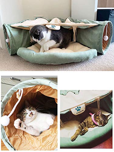 DREAMSOULE Cat Tunnel Bed, 2-in-1 Cat Play Tunnel and Mat for Pets Cats Dogs Rabbits Kittens for Home Foldable Soft Cat Tunnel Tubes Toys Pet Play Bed Indoor (green)