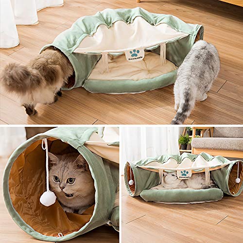 DREAMSOULE Cat Tunnel Bed, 2-in-1 Cat Play Tunnel and Mat for Pets Cats Dogs Rabbits Kittens for Home Foldable Soft Cat Tunnel Tubes Toys Pet Play Bed Indoor (green)