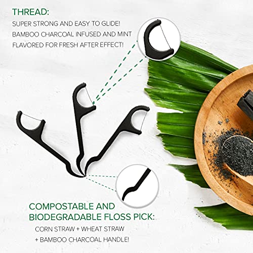 Natural Dental Floss Picks - Eco Friendly Cruelty Free & Vegan Tooth Flossers Pick Set with Biodegradable and Compostable BPA Free Handle & Zero Waste Packaging - 200 Pack (Bamboo Charcoal Flavored)