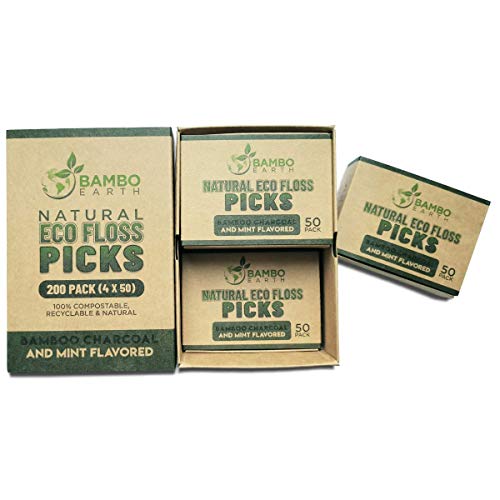 Natural Dental Floss Picks - Eco Friendly Cruelty Free & Vegan Tooth Flossers Pick Set with Biodegradable and Compostable BPA Free Handle & Zero Waste Packaging - 200 Pack (Bamboo Charcoal Flavored)