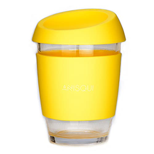 AniSqui 12 oz Reusable Coffee Cup with Lids, Glass Travel Coffee Mugs (Yellow)