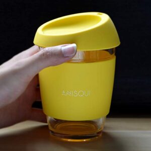 AniSqui 12 oz Reusable Coffee Cup with Lids, Glass Travel Coffee Mugs (Yellow)