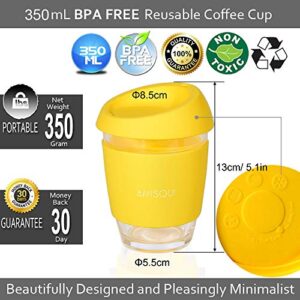 AniSqui 12 oz Reusable Coffee Cup with Lids, Glass Travel Coffee Mugs (Yellow)