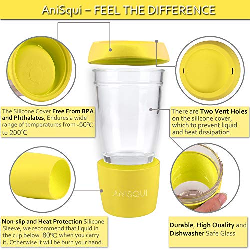 AniSqui 12 oz Reusable Coffee Cup with Lids, Glass Travel Coffee Mugs (Yellow)