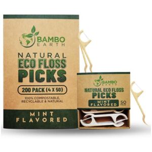 natural dental floss picks - eco friendly cruelty free & vegan tooth flossers pick set with biodegradable and compostable bpa free handle & zero waste packaging - 200 pack (mint flavored)