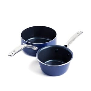 blue diamond cookware diamond infused ceramic nonstick, 1qt and 2qt saucepan pot set, pfas-free, dishwasher safe, oven safe, blue