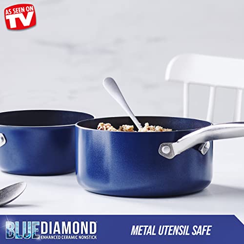 Blue Diamond Cookware Diamond Infused Ceramic Nonstick, 1QT and 2QT Saucepan Pot Set, PFAS-Free, Dishwasher Safe, Oven Safe, Blue