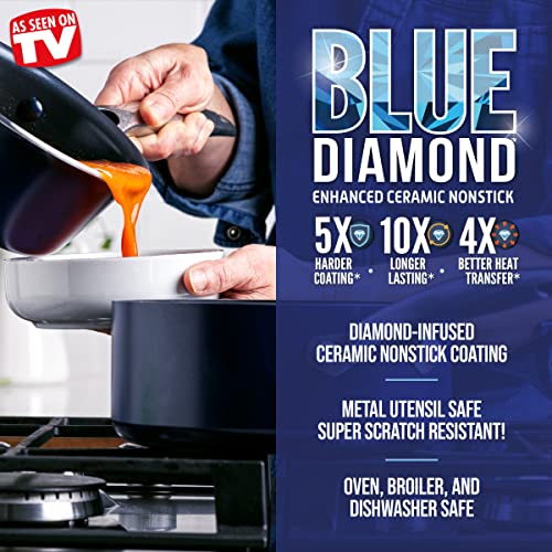 Blue Diamond Cookware Diamond Infused Ceramic Nonstick, 1QT and 2QT Saucepan Pot Set, PFAS-Free, Dishwasher Safe, Oven Safe, Blue