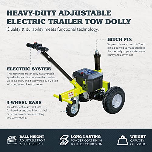 Tow Tuff TMD-35ETD8 Versatile Adjustable 3500 Lbs Capacity Variable Ball Height Electric Utility Dolly for Boats, Cargo Trailers, and More, Green, 3rd Wheel, Step for Leverage, Travels 1.5 MPH