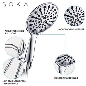 SOKA High Pressure Shower Heads with 6 Spray Setting Massage Spa 6" Showerhead with Handheld Shower Head with Extra Long Hose 59 Inches(5 Feet）And Adjustable Bracket Chrome