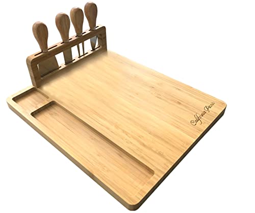 Cheese Board and Knife Set | Wine Board | Organic Bamboo Wood Charcuterie Platter Serving Board Cheese Tray with Cutlery | Perfect for Birthday, Housewarming & Wedding Gifts | 20 Pack Flag Markers