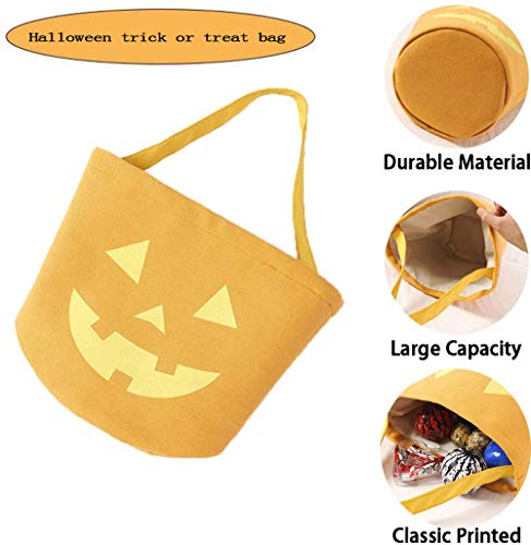 Zhenpony Halloween Trick or Treat Bag, Pumpkin Canvas Candy Tote Bucket Multipurpose Portable Collapsible Reusable Goody Bucket - Best Halloween Party Gifts