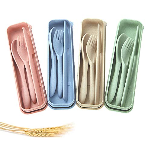 4 Sets Portable Cutlery,Wheat Straw Cutlery, Spoon Knife Fork Tableware set, for Kids Adult Travel Picnic Camping (4 Colors)