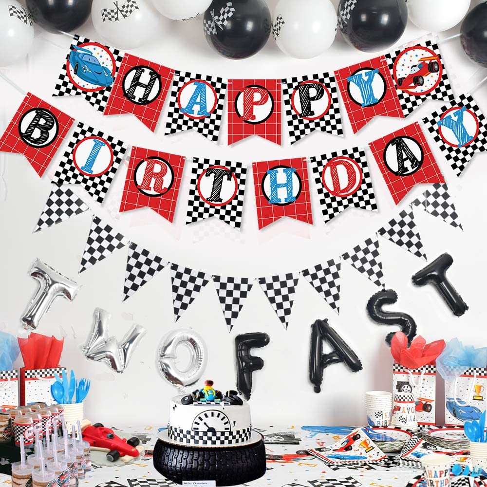 WERNNSAI Two Fast 2nd Birthday Party Supplies - Racing Car Theme Party Decorations for Boy Race Fans Including Happy Birthday Banner, ‘Two Fast’ Black Silver Mylar Foil Balloon, Latex Confetti Balloon