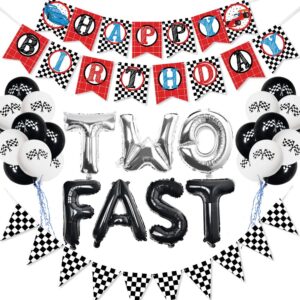 WERNNSAI Two Fast 2nd Birthday Party Supplies - Racing Car Theme Party Decorations for Boy Race Fans Including Happy Birthday Banner, ‘Two Fast’ Black Silver Mylar Foil Balloon, Latex Confetti Balloon