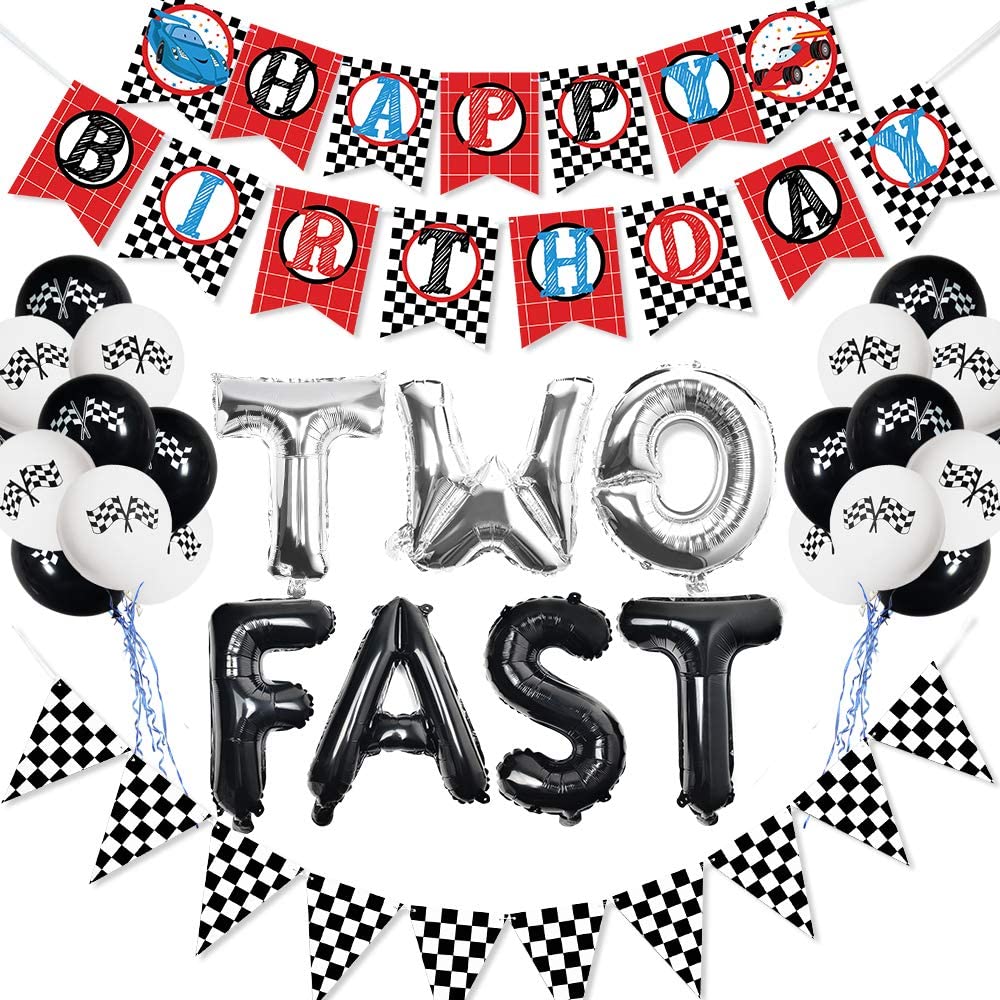 WERNNSAI Two Fast 2nd Birthday Party Supplies - Racing Car Theme Party Decorations for Boy Race Fans Including Happy Birthday Banner, ‘Two Fast’ Black Silver Mylar Foil Balloon, Latex Confetti Balloon