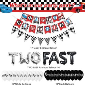 WERNNSAI Two Fast 2nd Birthday Party Supplies - Racing Car Theme Party Decorations for Boy Race Fans Including Happy Birthday Banner, ‘Two Fast’ Black Silver Mylar Foil Balloon, Latex Confetti Balloon