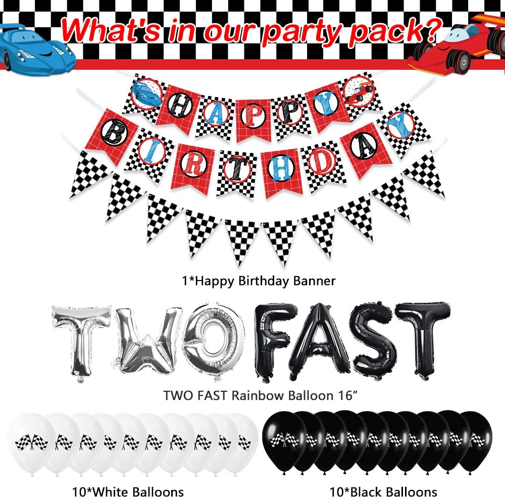 WERNNSAI Two Fast 2nd Birthday Party Supplies - Racing Car Theme Party Decorations for Boy Race Fans Including Happy Birthday Banner, ‘Two Fast’ Black Silver Mylar Foil Balloon, Latex Confetti Balloon