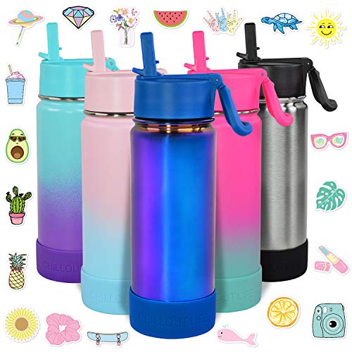 CHILLOUT LIFE 17 oz Insulated Water Bottle with Straw Lid for Kids and Adult + 20 Funny Waterproof Stickers - Perfect for Personalizing Your Kids Metal Water Bottle, Dishwasher Safe Paint - Magic Blue