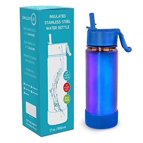 CHILLOUT LIFE 17 oz Insulated Water Bottle with Straw Lid for Kids and Adult + 20 Funny Waterproof Stickers - Perfect for Personalizing Your Kids Metal Water Bottle, Dishwasher Safe Paint - Magic Blue