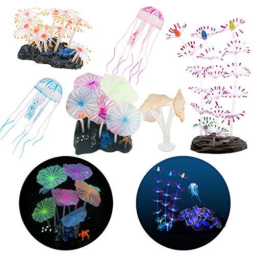 Cayway 6 Pack Aquarium Fish Tank Ornament Glowing Simulation Coral Plant Ornaments Glowing Silicone Aquarium Ornaments Mushroom Lotus for Fish Tank, Aquarium Landscape