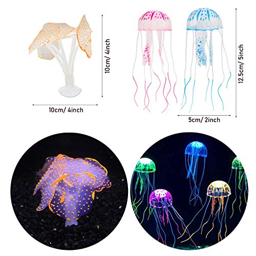 Cayway 6 Pack Aquarium Fish Tank Ornament Glowing Simulation Coral Plant Ornaments Glowing Silicone Aquarium Ornaments Mushroom Lotus for Fish Tank, Aquarium Landscape