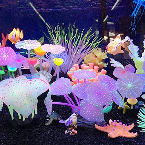 Cayway 6 Pack Aquarium Fish Tank Ornament Glowing Simulation Coral Plant Ornaments Glowing Silicone Aquarium Ornaments Mushroom Lotus for Fish Tank, Aquarium Landscape