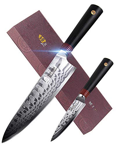 TUO Damascus Kitchen Knife Set, 8" Chef Knife and 3.5" Peeling Paring Knife, Japanese AUS-10 High Carbon Steel, Full Tang Military Grade G10 Handle, Dishwasher Safe Ring-D Series, 2-Piece