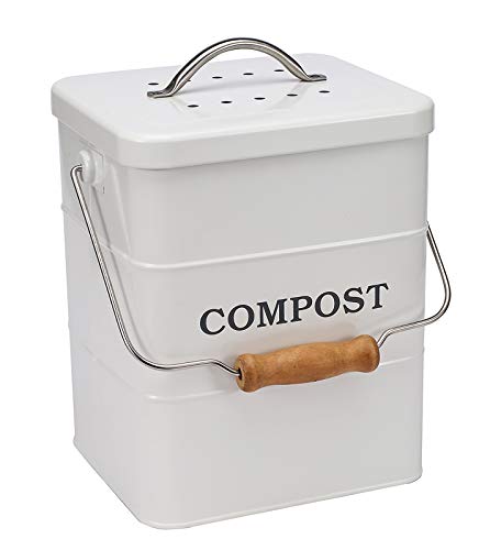 Xbopetda Stainless Steel Compost Bin for Kitchen Countertop,1 Gallon, includes Charcoal Filter,Compost Bucket Kitchen Pail Compost with Lid -White